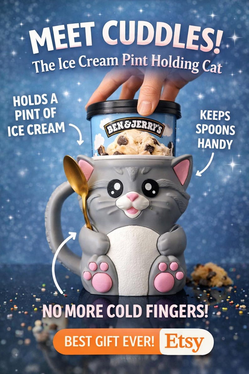 Cat Ice Cream Pint Holder Cozy – Cuddles Cat Pint Sleeve, Cute 3D ...