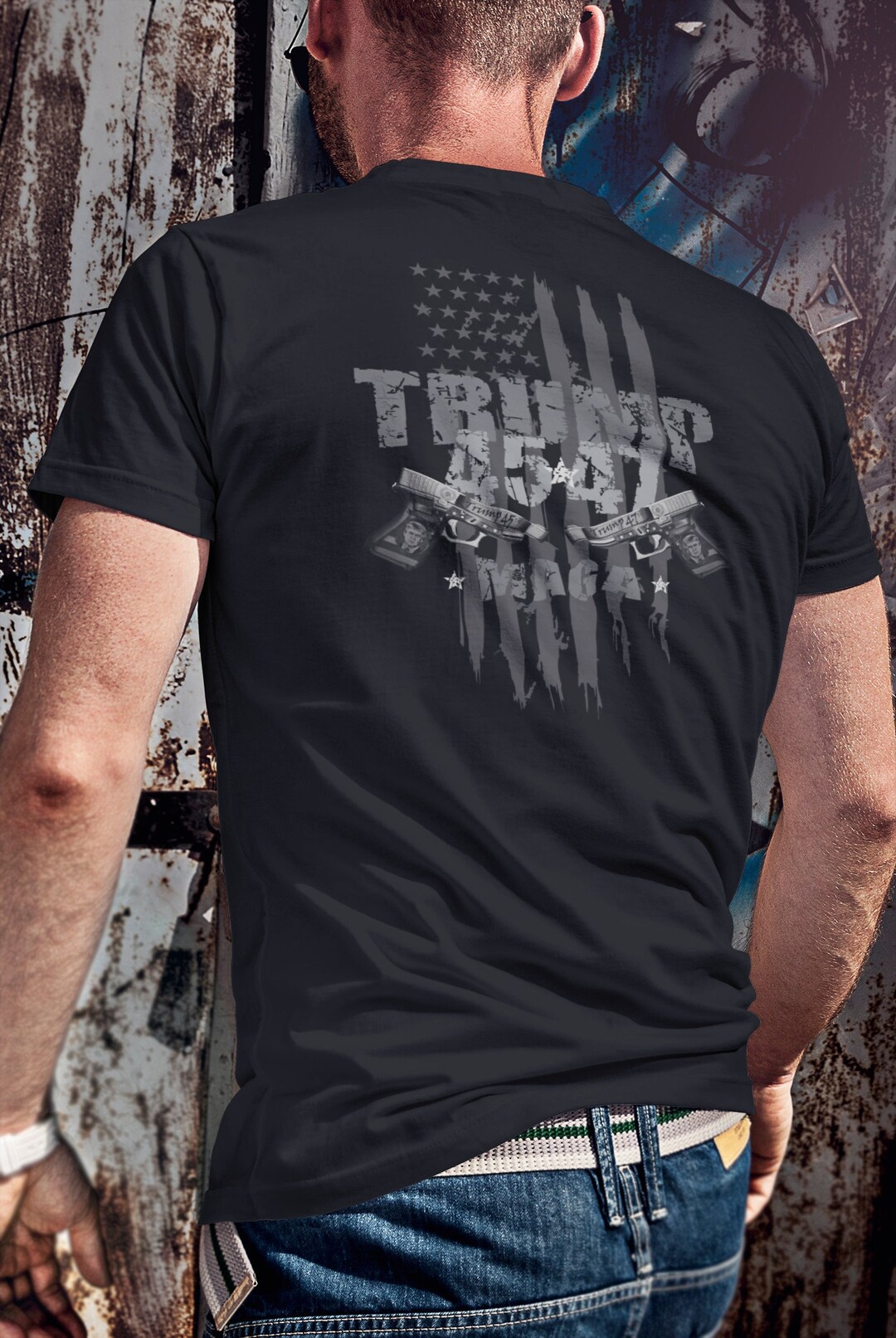 Trump MAGA 45-47 US Flag 45 Guns T Shirt Printed Front & Back Trump ...