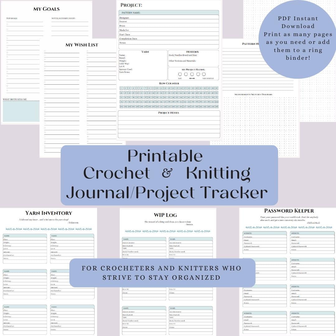 Printable PDF Crochet Journal, Knitting Journal, Crochet Planner ...