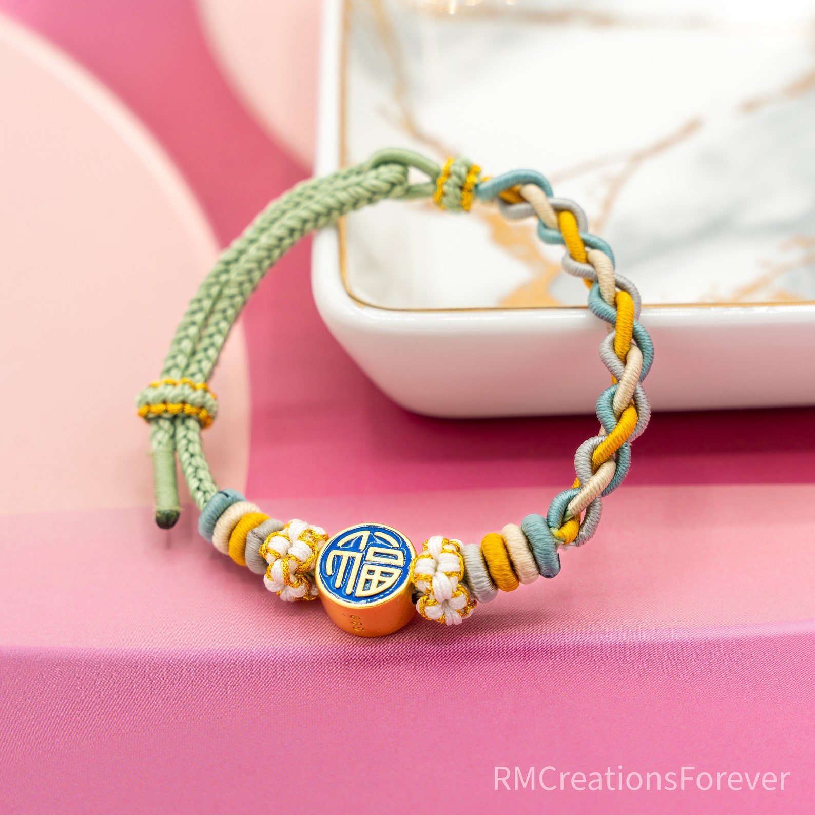 Blessing Chinese Bracelet Lucky Woven Rope Alluvial Gold Bead Handmade ...