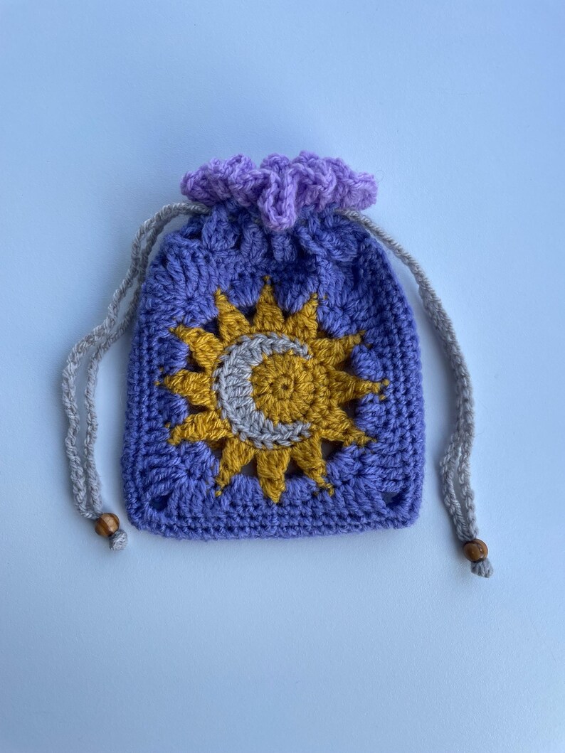 Crochet Drawstring Moon and Sun Pouch Handmade Boho Granny Square Pouch ...