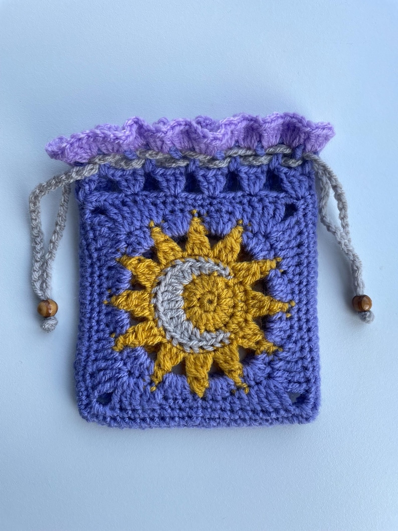 Crochet Drawstring Moon and Sun Pouch Handmade Boho Granny Square Pouch ...