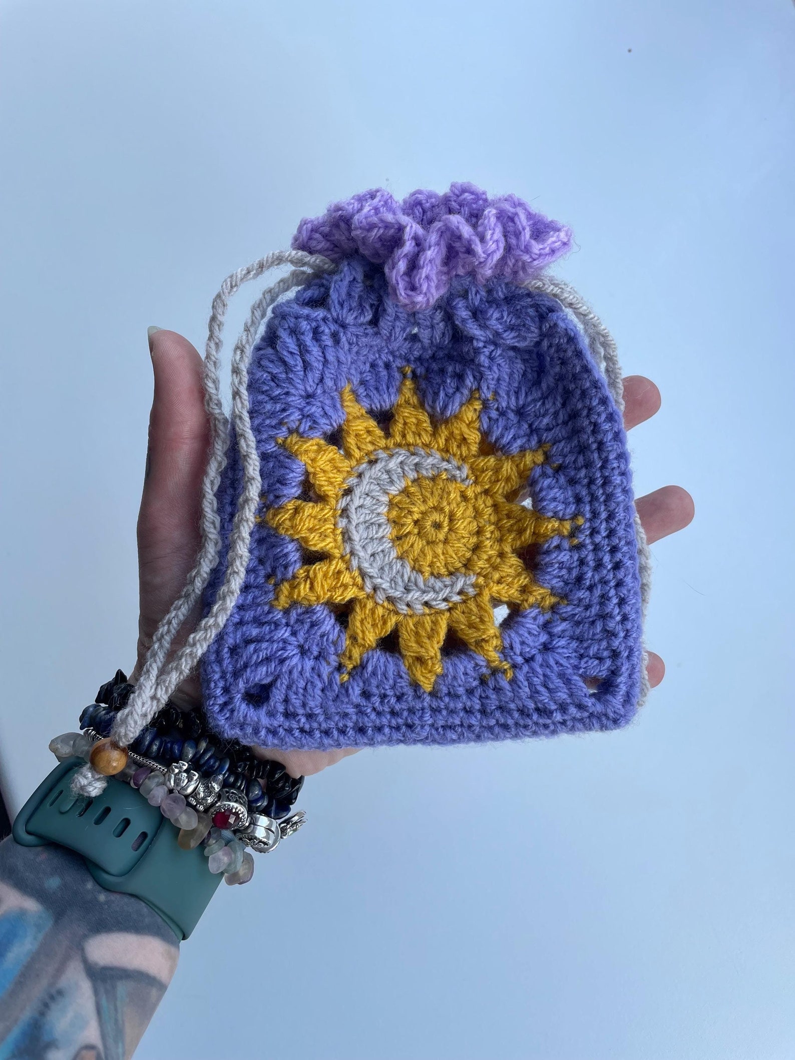 Crochet Drawstring Moon and Sun Pouch Handmade Boho Granny Square Pouch ...