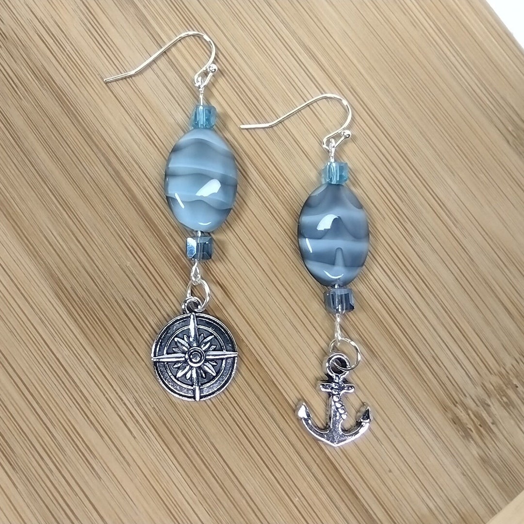 Nautical Compass & Anchor Long Twirl Drop Earrings, Travel, Sailing ...