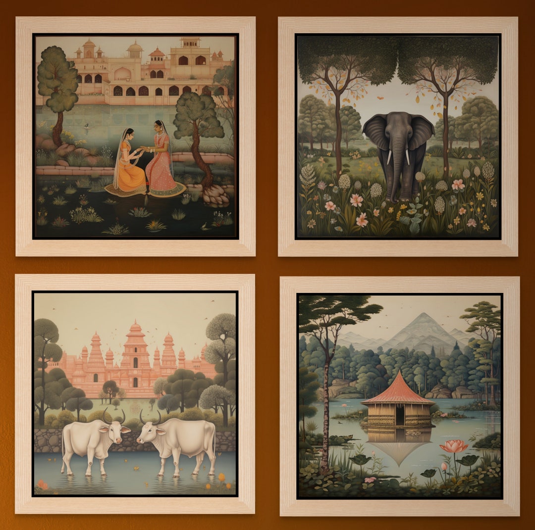 Exquisite Set of Four Pichwai Art Prints: Indian Village Scenes - Etsy
