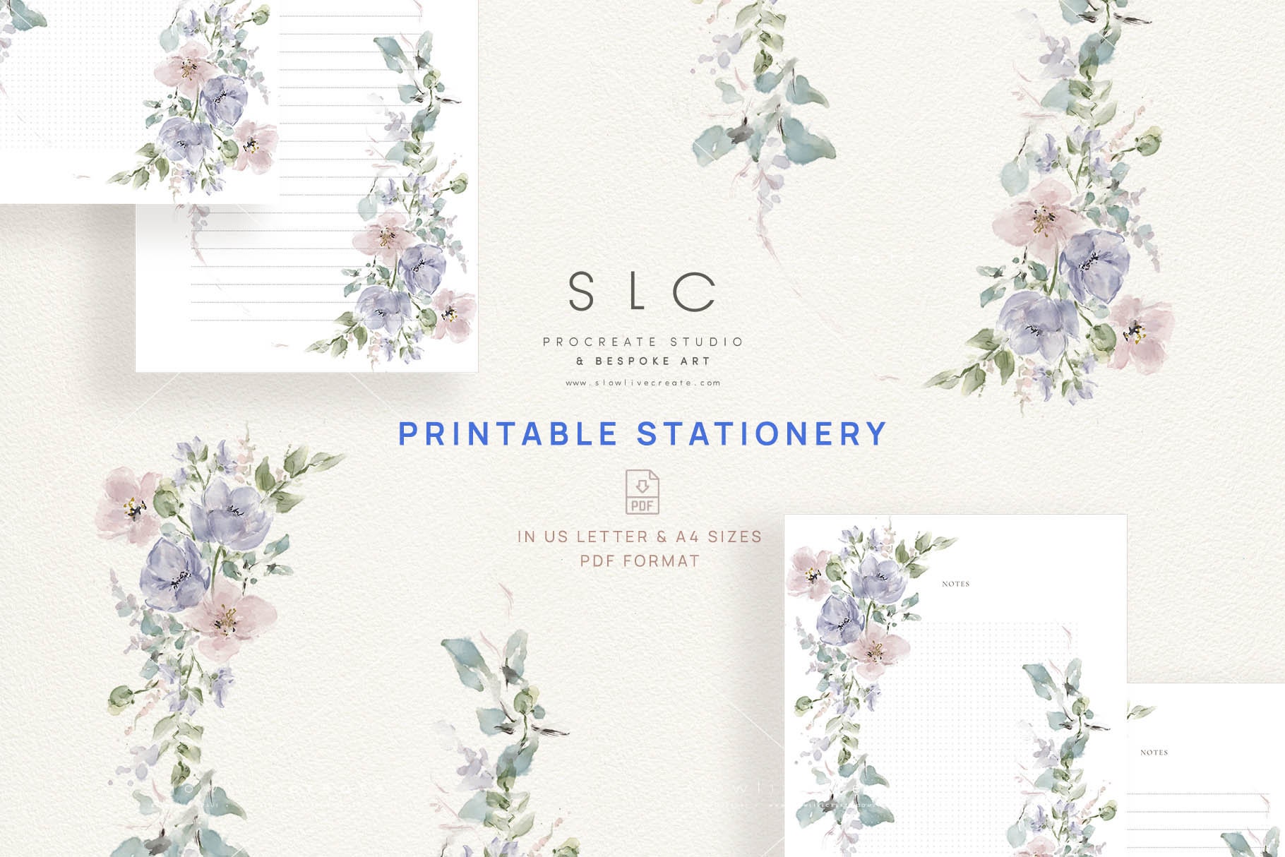 White Background Floral Digital & Printable Stationery Notes Pad A4 ...