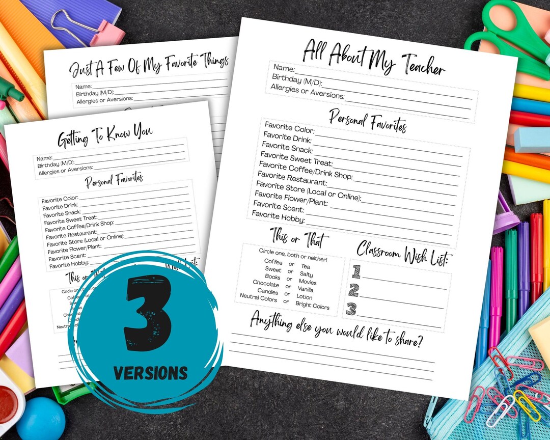 Teacher Favorite Things List, All About My Teacher Survey, Getting to ...