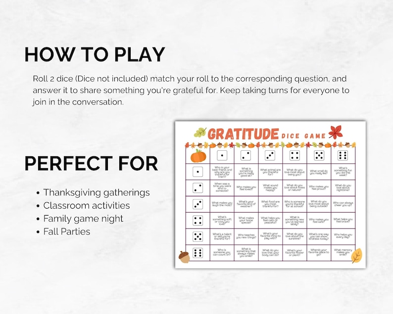Gratitude Dice Game for Kids & Families, Printable Thanksgiving ...