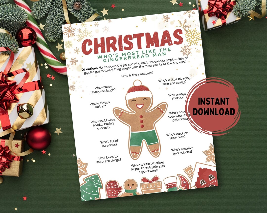 Who's Most Like the Gingerbread Man, Funny Christmas Game, Printable ...