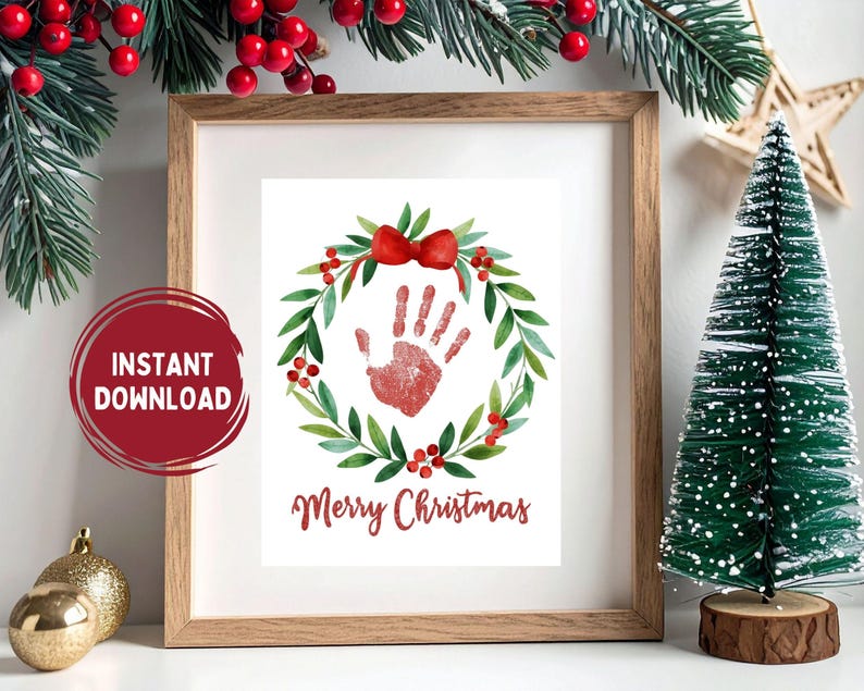 Christmas Handprint Craft, DIY Holiday Activity, Holly Wreath Handprint ...