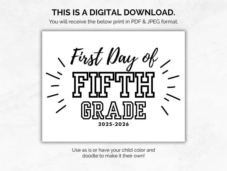 Printable First Day of 5th Grade Sign, DIY Back to School Coloring Page ...