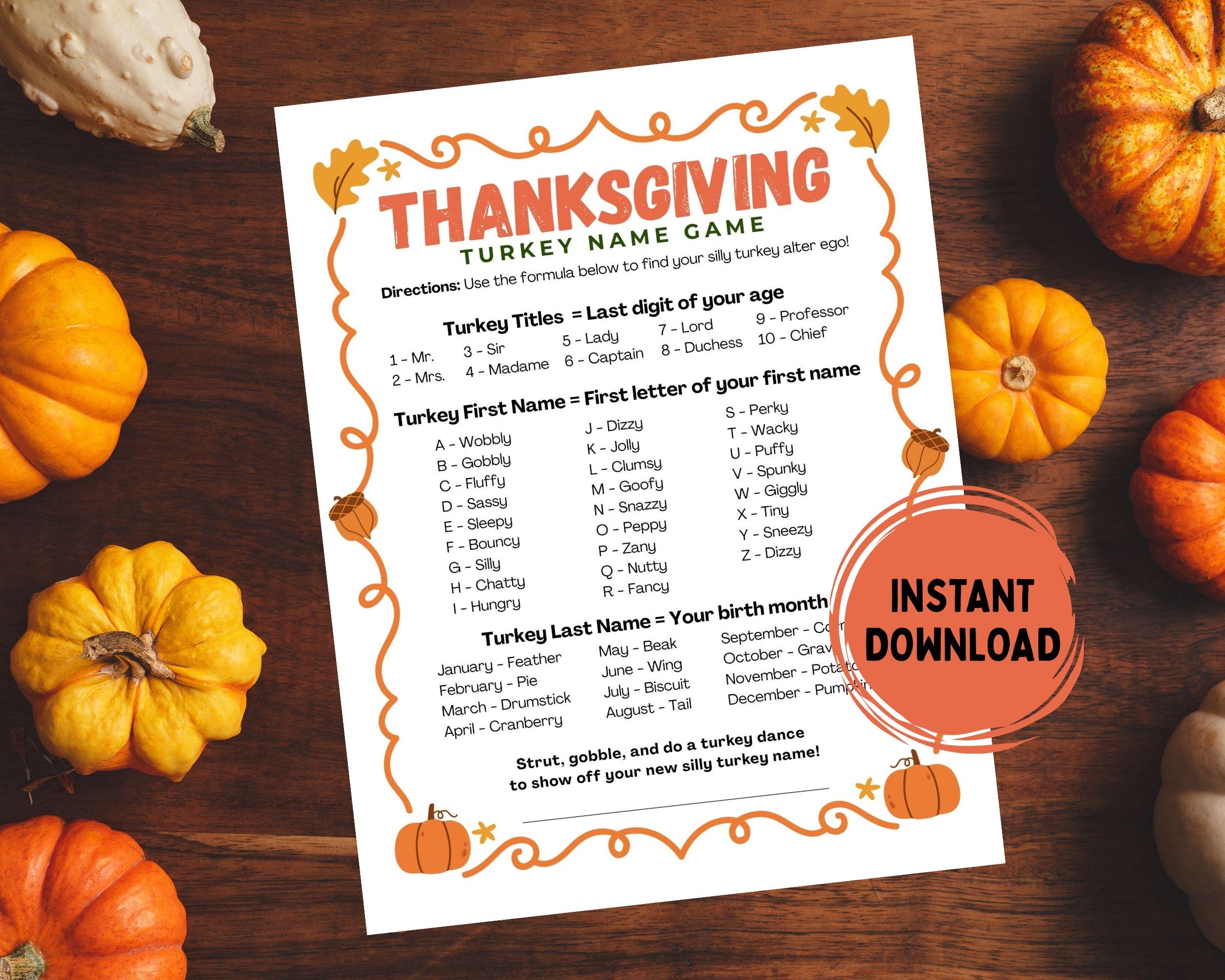 Turkey Name Game | Funny Thanksgiving Game | Printable Fall Family ...