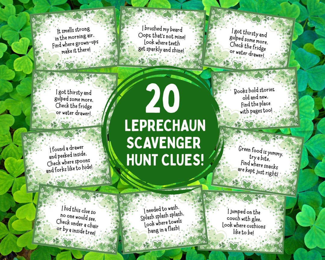 Leprechaun Scavenger Hunt Clues, St. Patricks Day Treasure Hunt Riddles ...