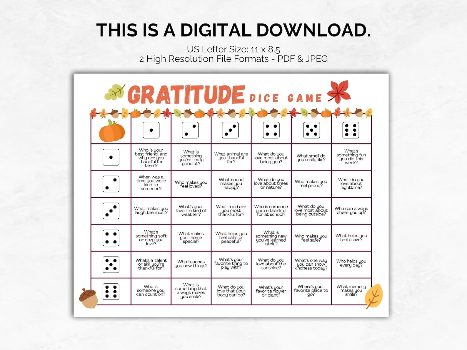 Gratitude Dice Game for Kids & Families, Printable Thanksgiving ...