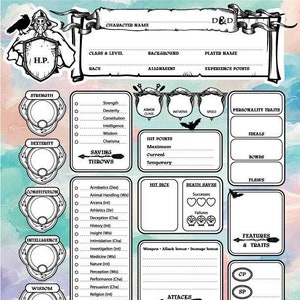 Dnd 5e Character Sheet | Printable PDF | Watercolor Theme - Etsy