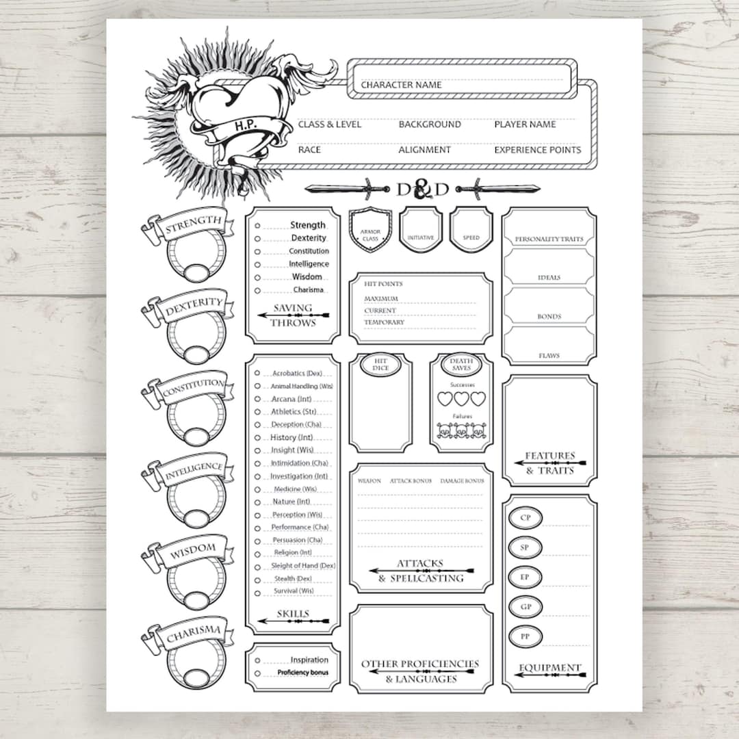 Printable D&D 5e Character Sheet PDF for Players | Dungeons and Dragons RPG | Instant Download ...