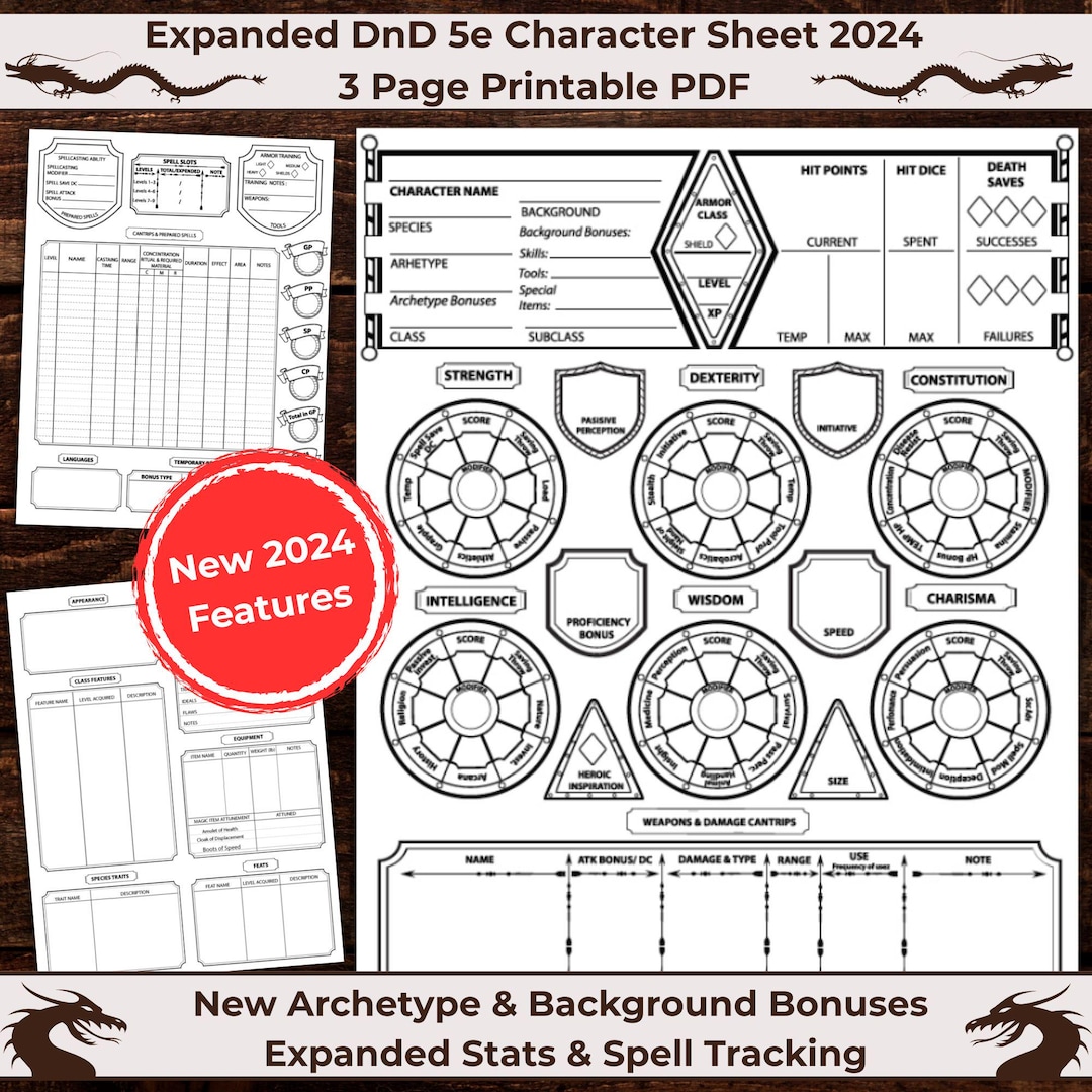 Dnd 5e Character Sheet: Expanded Stats & Background Bonuses (printable ...