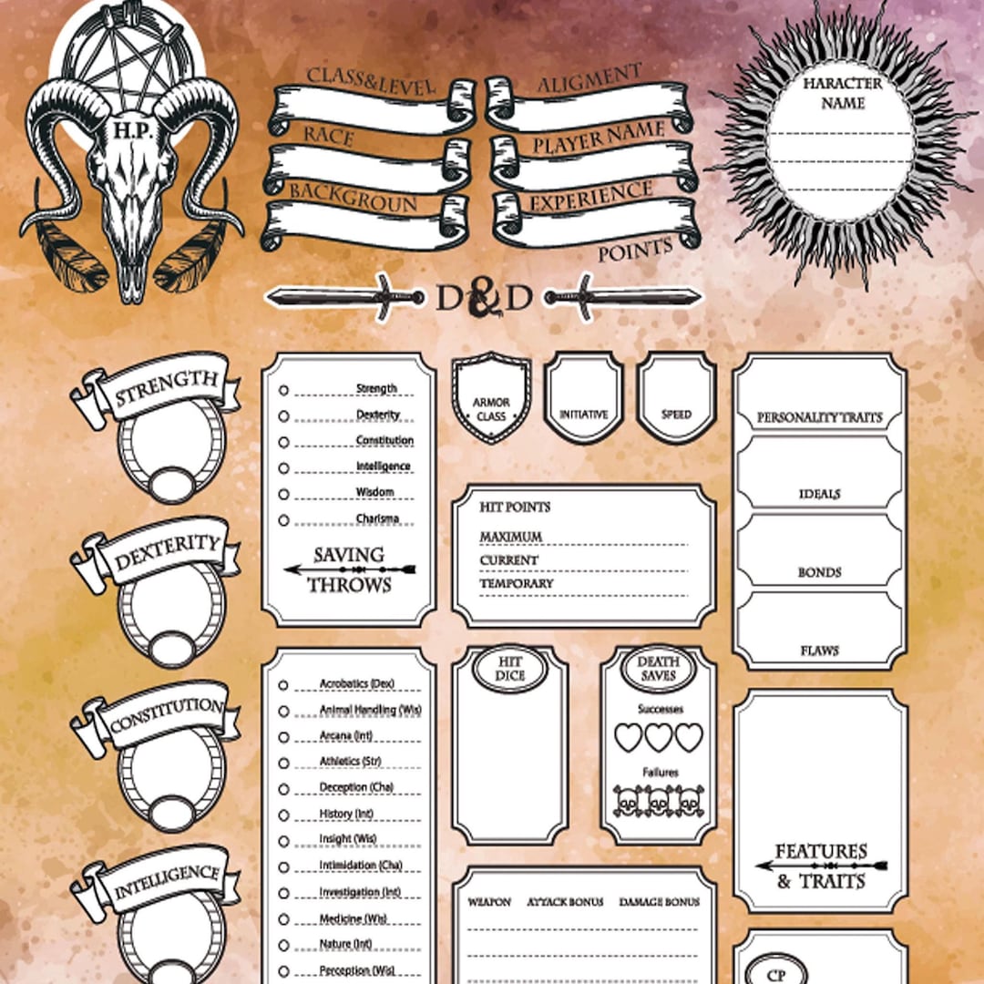 Dnd 5e Character Sheet Printable Customizable PDF Instant Download - Etsy