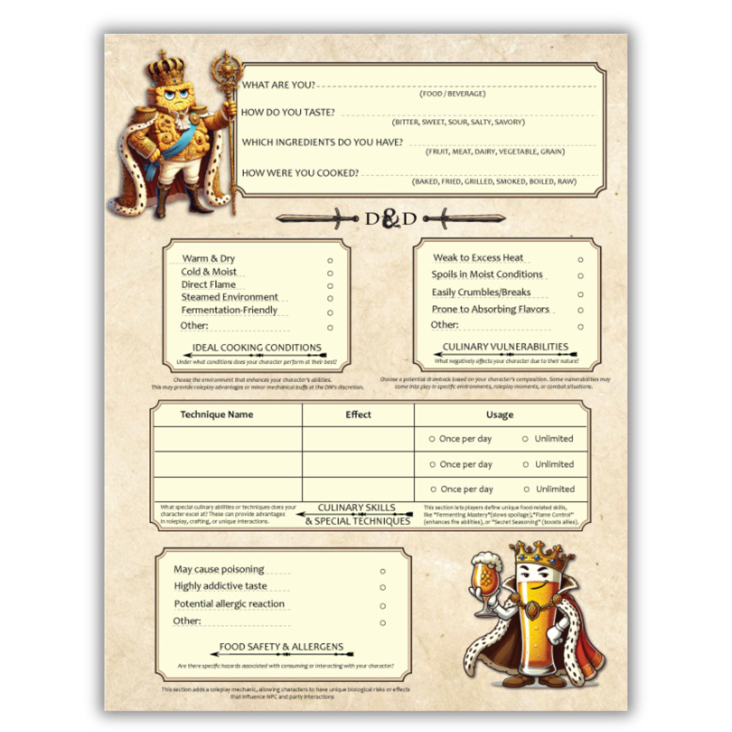 Food-themed Dnd 5e Character Sheet , 4-page Custom RPG PDF for Unique ...