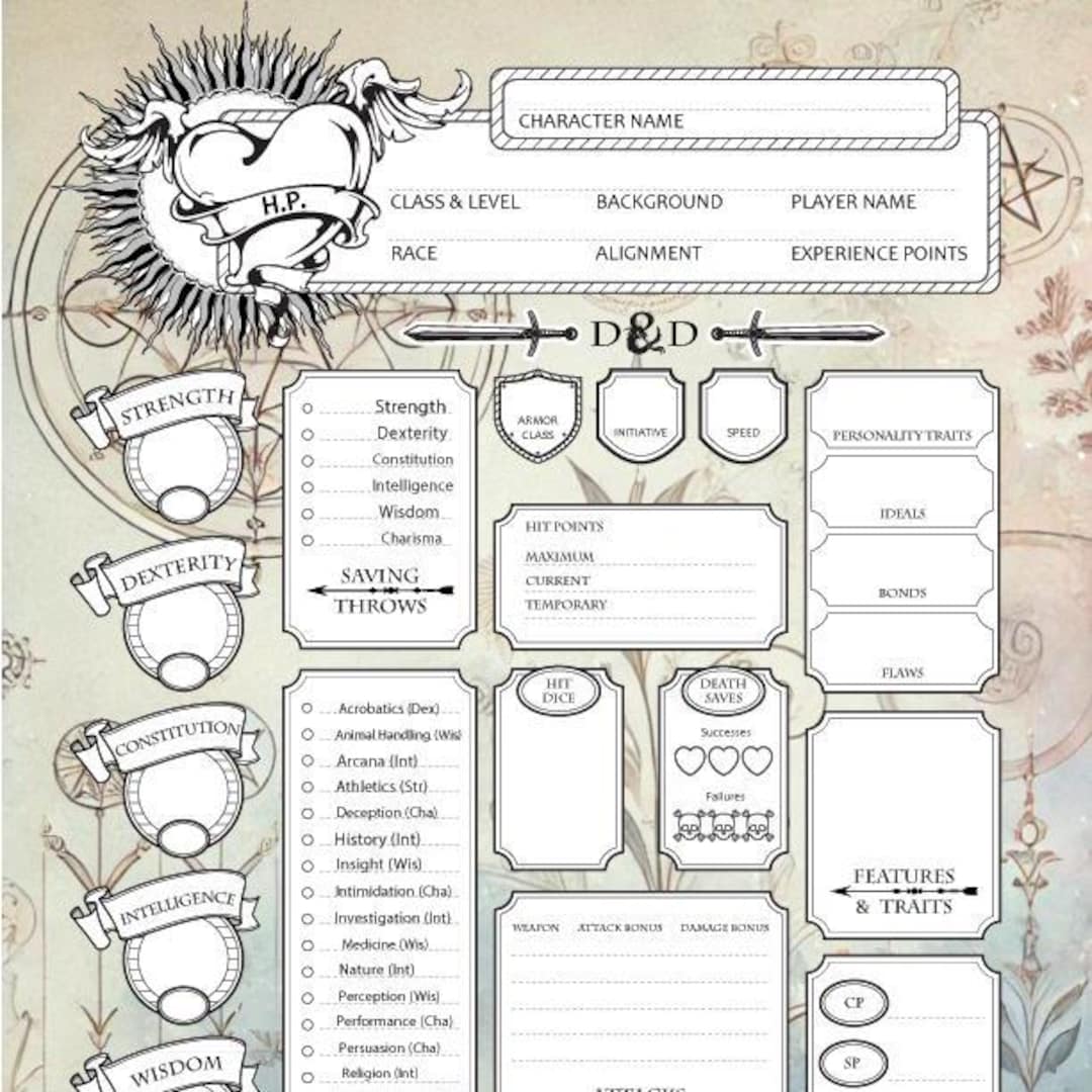 Custom Dnd Character Sheet 5e - Printable Letter-size PDF for Stats ...
