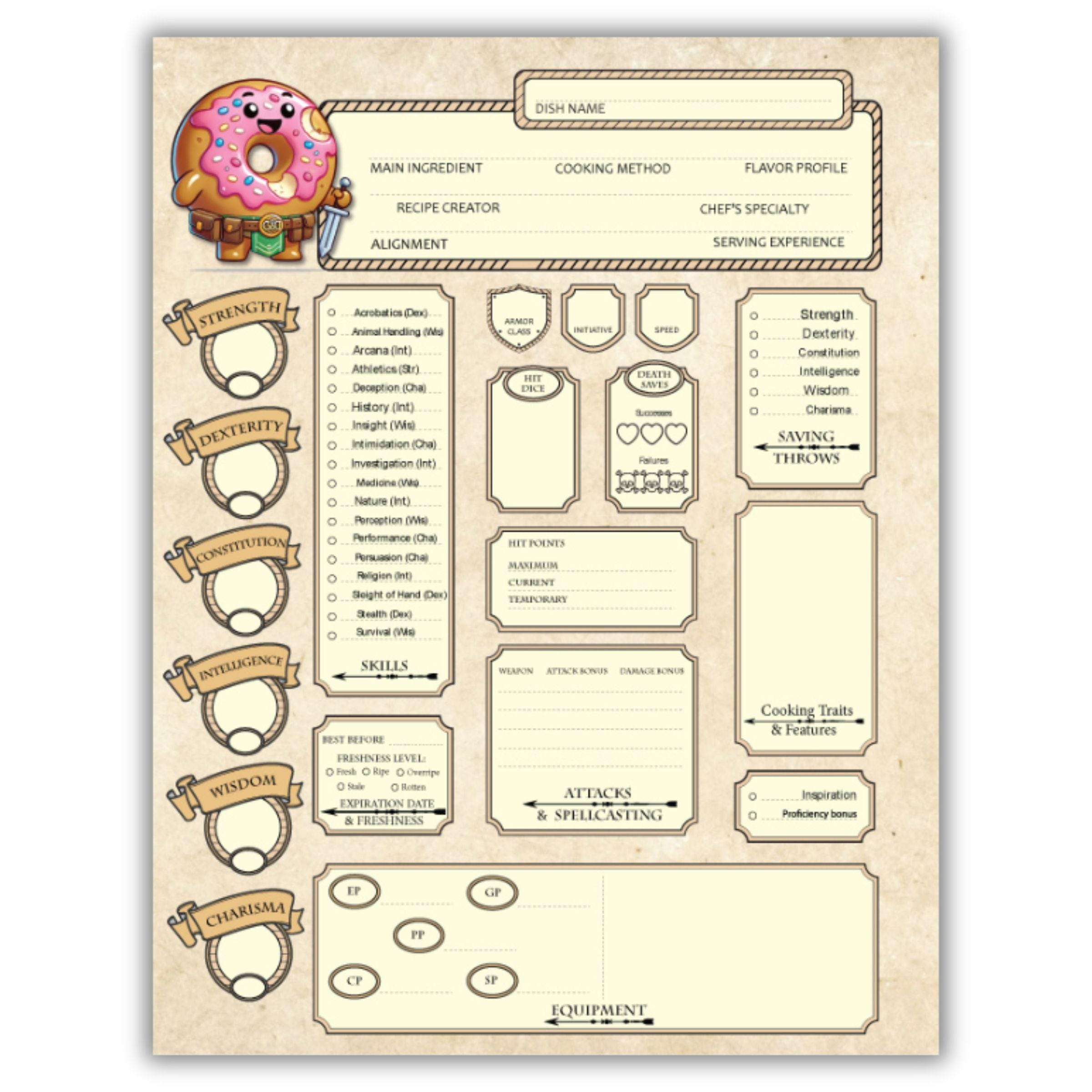 Food-themed Dnd 5e Character Sheet , 4-page Custom RPG PDF for Unique ...