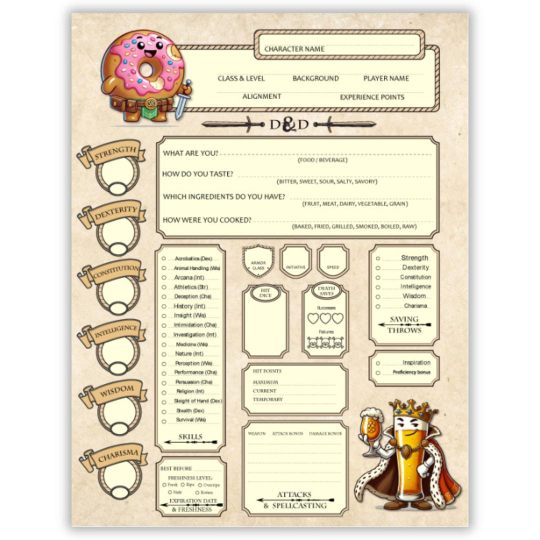 Dnd 5e Character Sheet | Food Theme 2-page Printable PDF (parchment ...