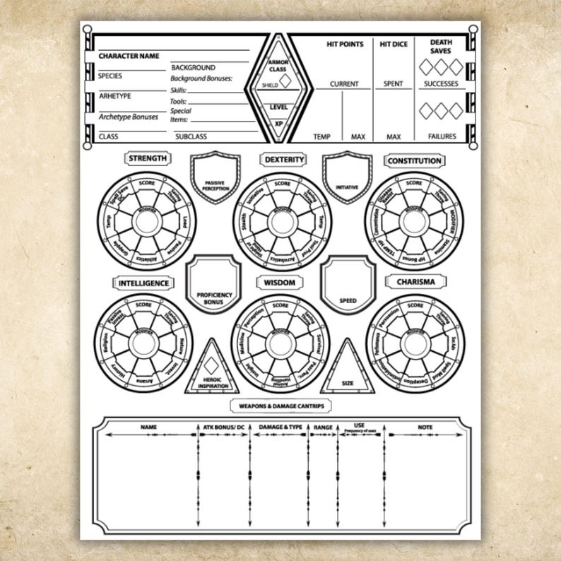 Dnd 5e Character Sheet: Expanded Stats & Background Bonuses (printable ...