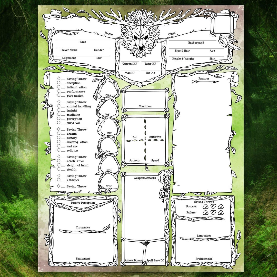 Druid 5e Character Sheet, Editable PDF | Nature-themed D&D Sheet | Printable and Fillable for ...