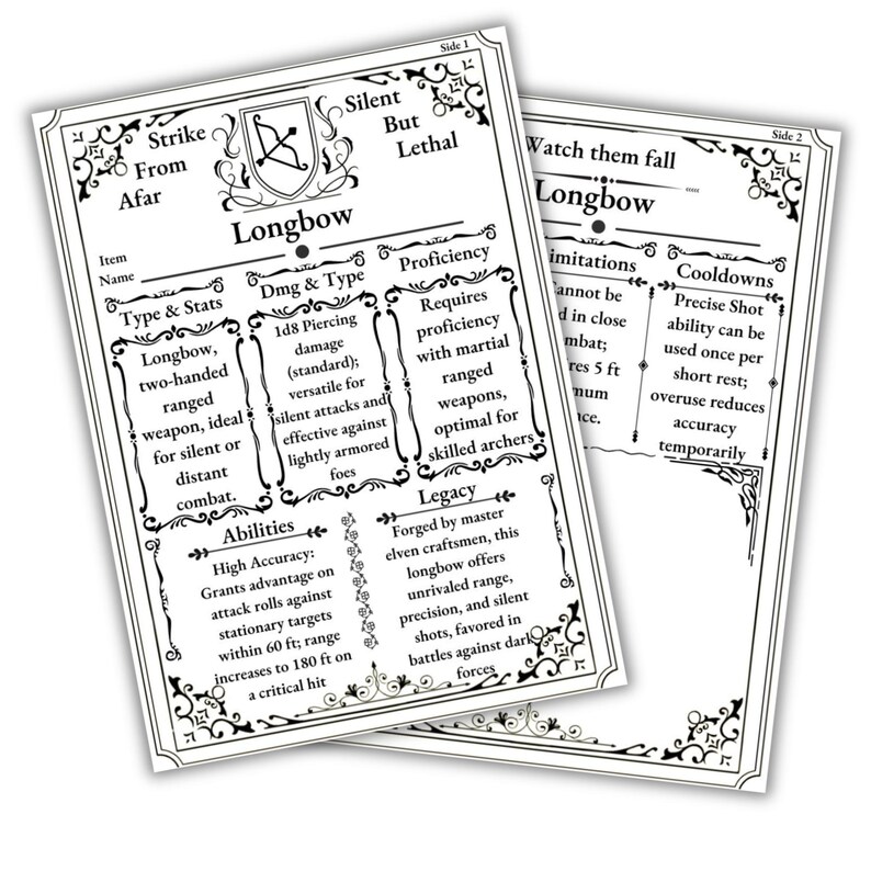 Dnd Ranged Weapon Cards PDF | Printable RPG Item Cards | 5 Fantasy ...