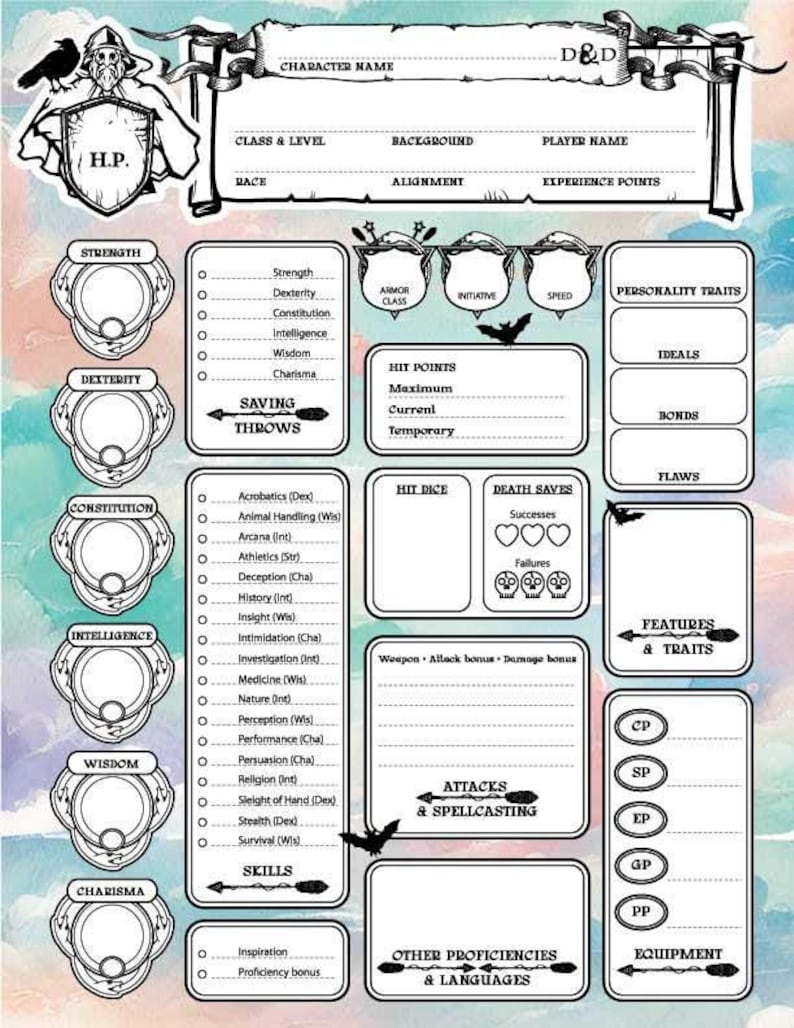 Dnd 5e Character Sheet | Printable PDF | Watercolor Theme - Etsy Canada