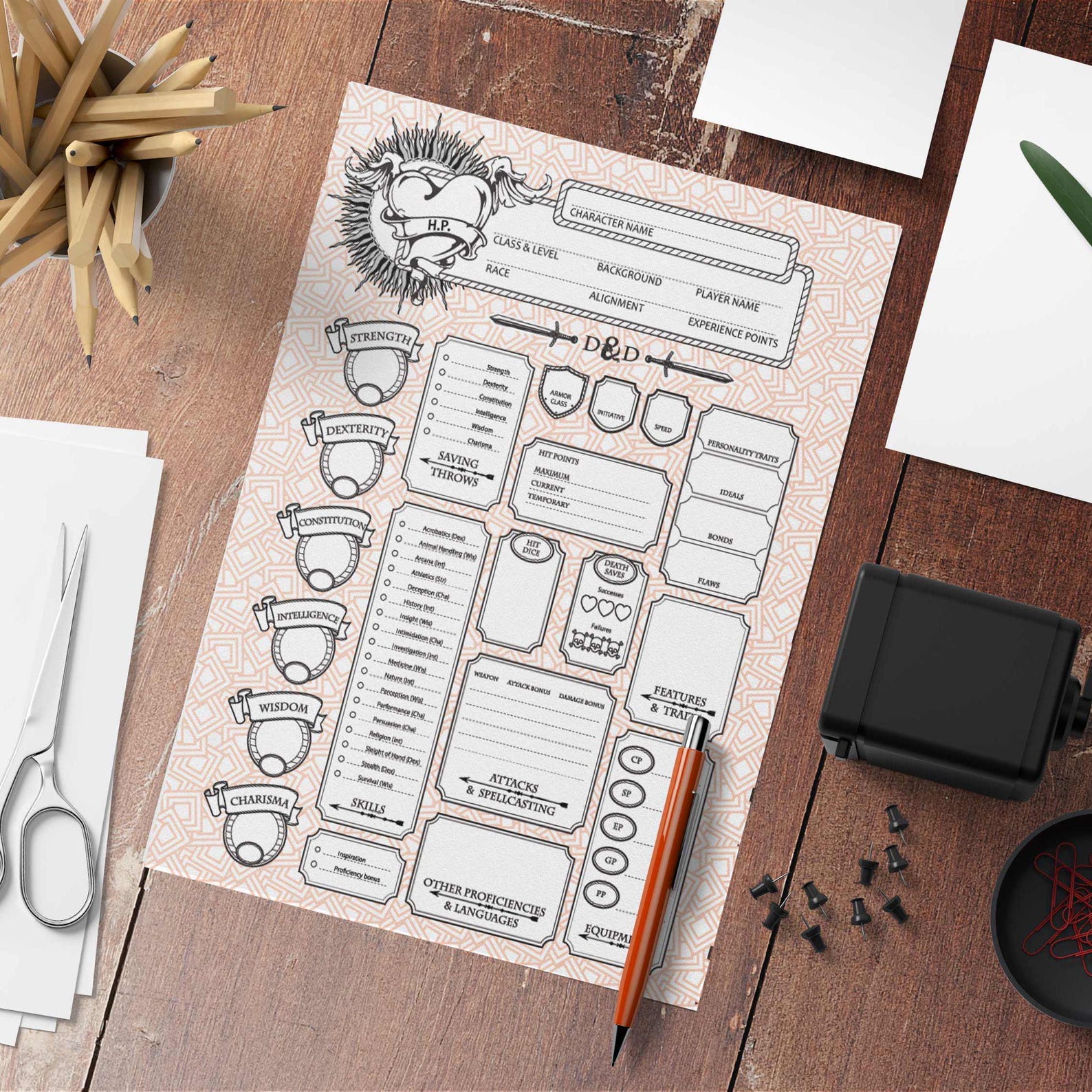 Pink Dnd Character Sheet Printable Pdf for 5e, Stylish Rpg Player Sheet ...