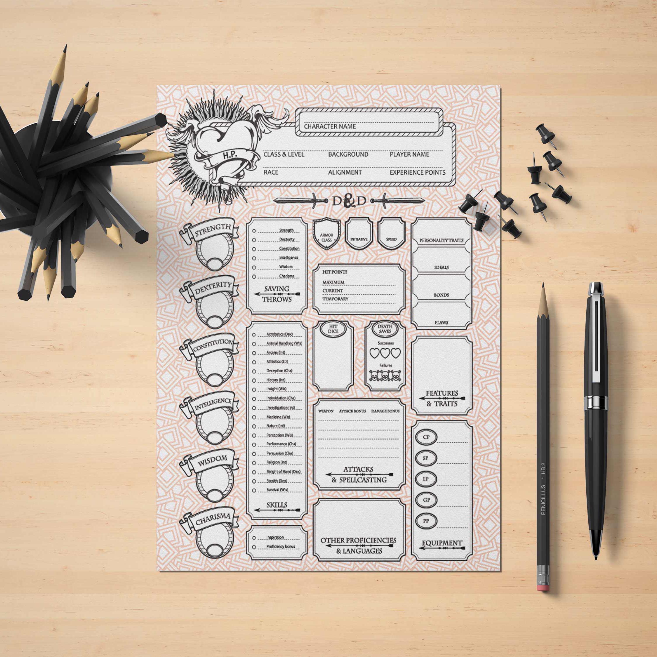 Pink Dnd Character Sheet Printable Pdf for 5e, Stylish Rpg Player Sheet ...
