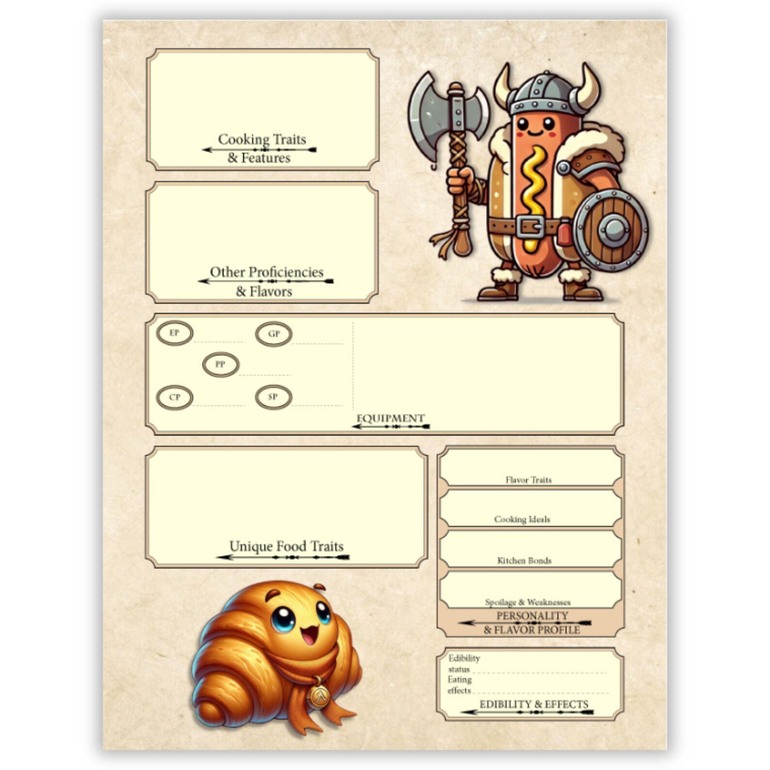 Dnd 5e Character Sheet | Food Theme 2-page Printable PDF (parchment ...