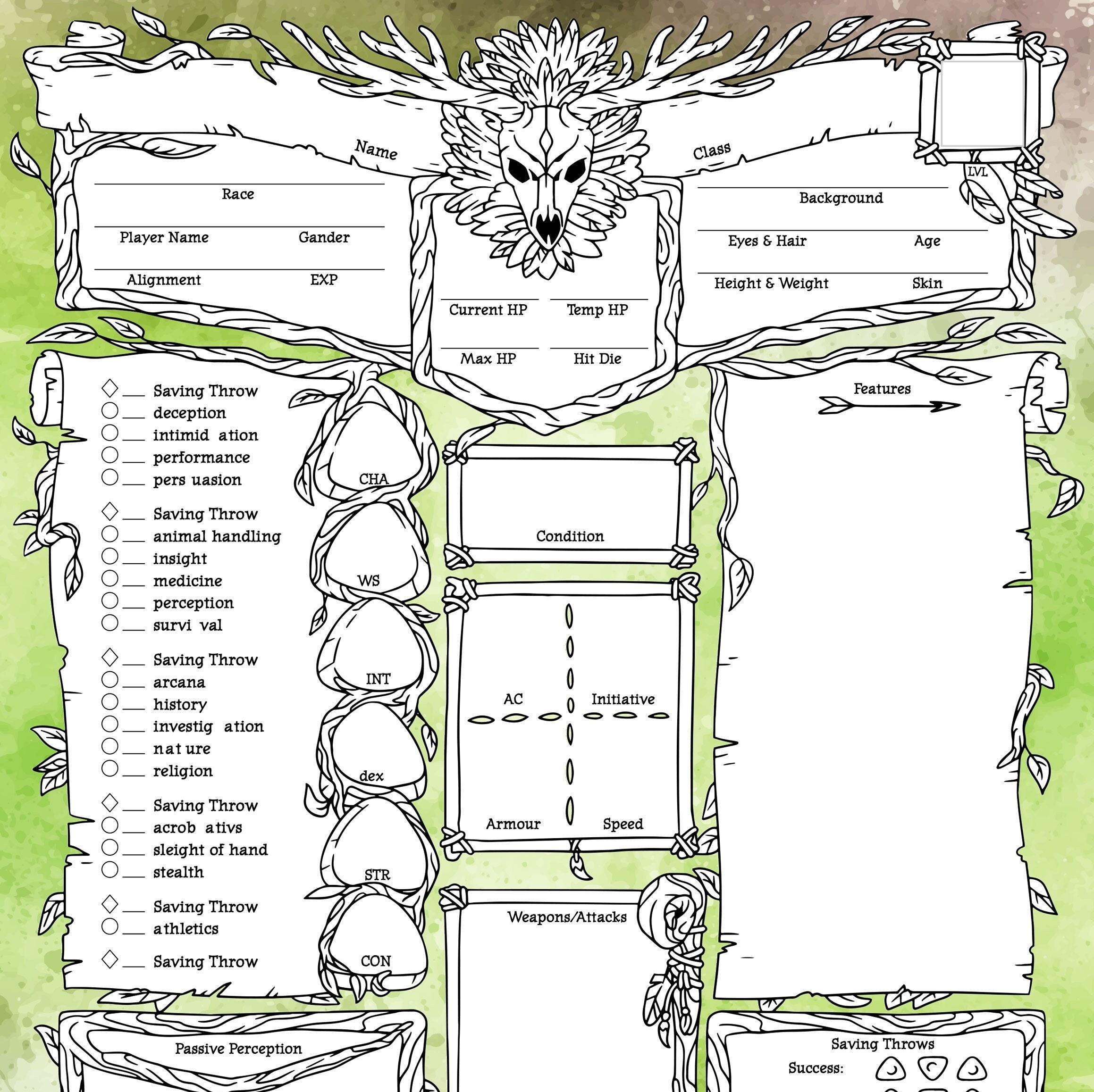 Editable Druid Character Sheet For Dnd 5e Forest Design Etsy