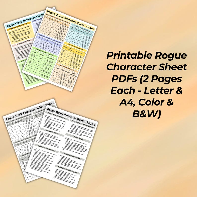 Dnd Rogue Cheat Sheet - Printable Character Reference Sheets (letter ...