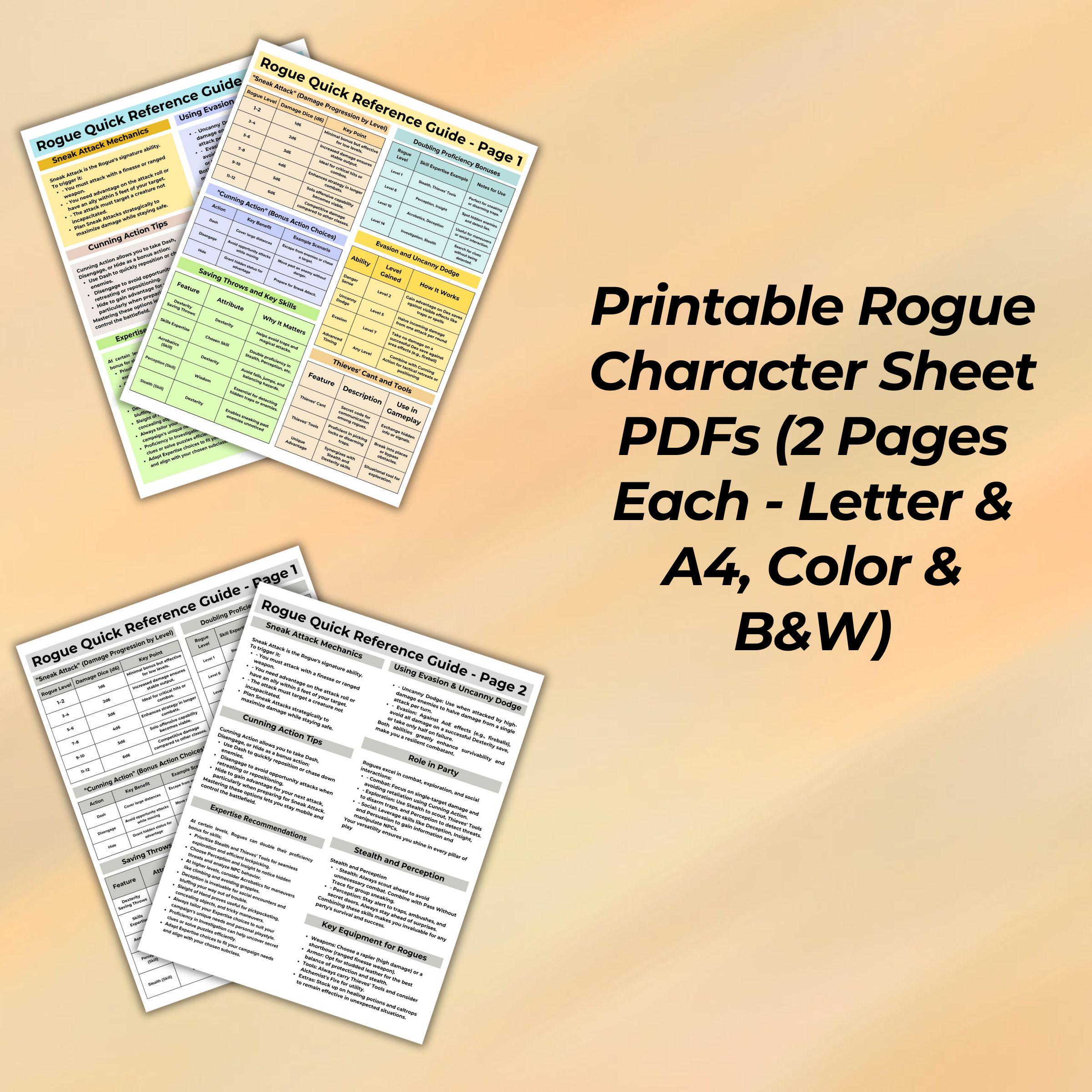 Rogue Cheat Sheet for Dnd 5e | Printable Player Guide PDF (letter & A4 ...