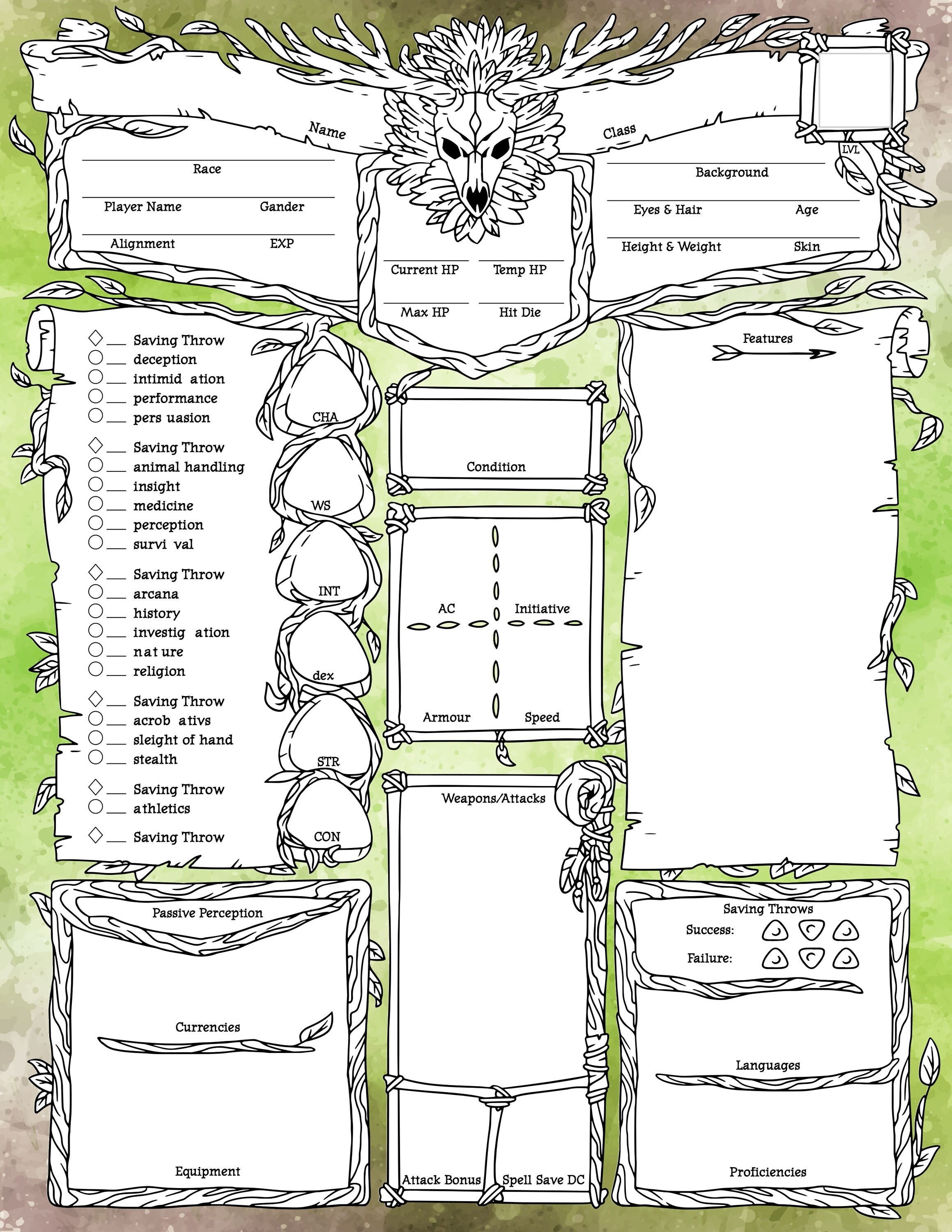 Editable Druid Character Sheet for Dnd 5e Forest Design - Etsy Canada