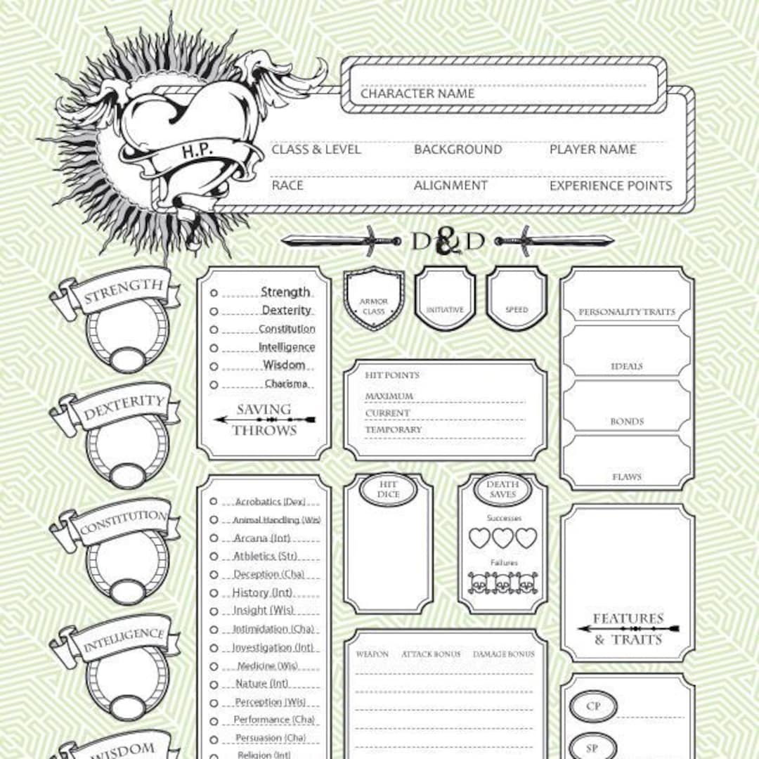Printable Dnd Character Sheet PDF 5e RPG Game Accessory 8.5x11 ...