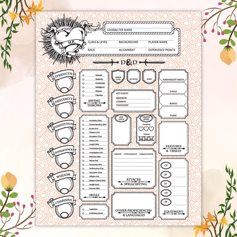 Pink Dnd Character Sheet Printable Pdf for 5e, Stylish Rpg Player Sheet ...