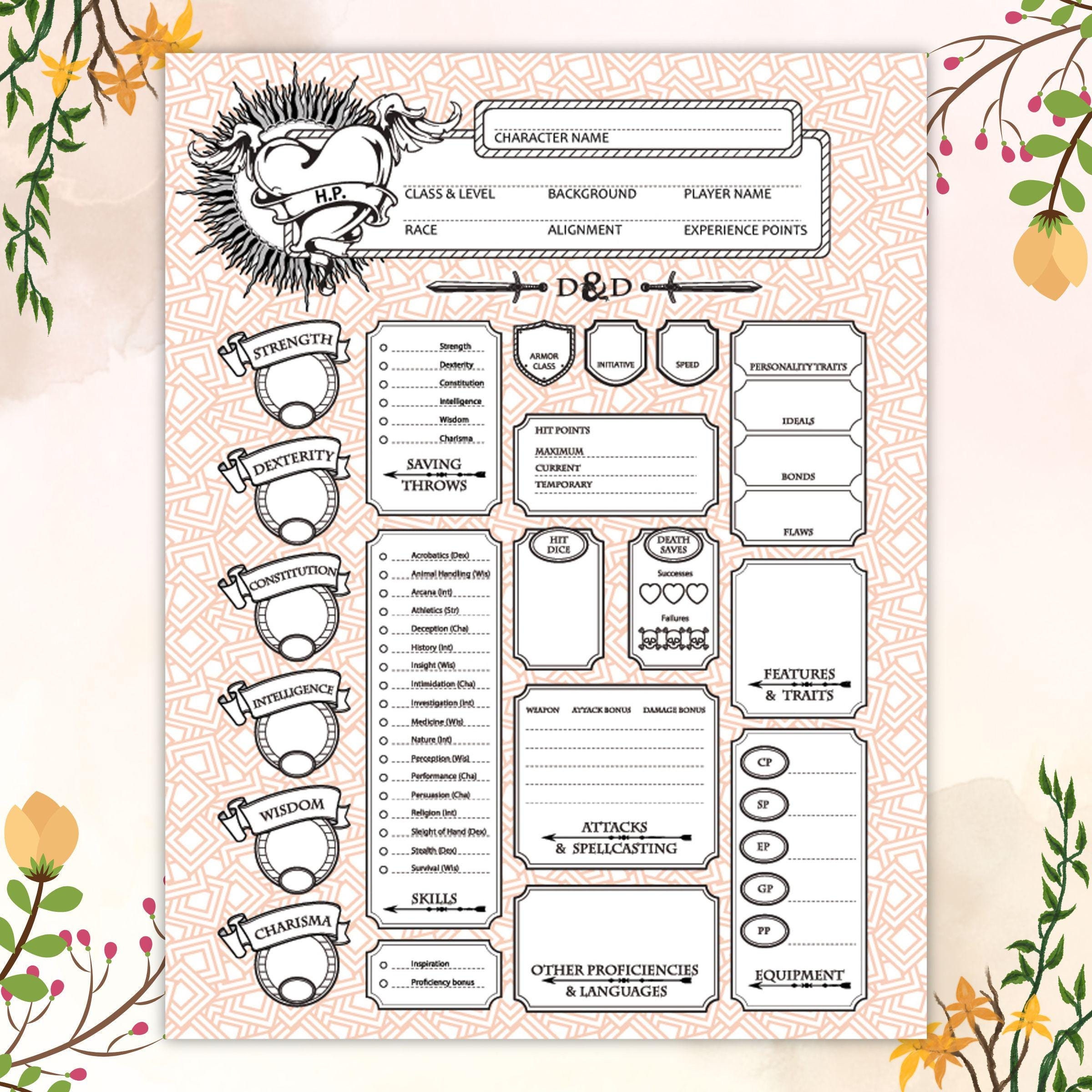 Pink Dnd Character Sheet Printable Pdf for 5e, Stylish Rpg Player Sheet ...