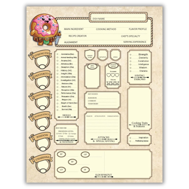 Food-themed Dnd 5e Character Sheet , 4-page Custom RPG PDF for Unique ...