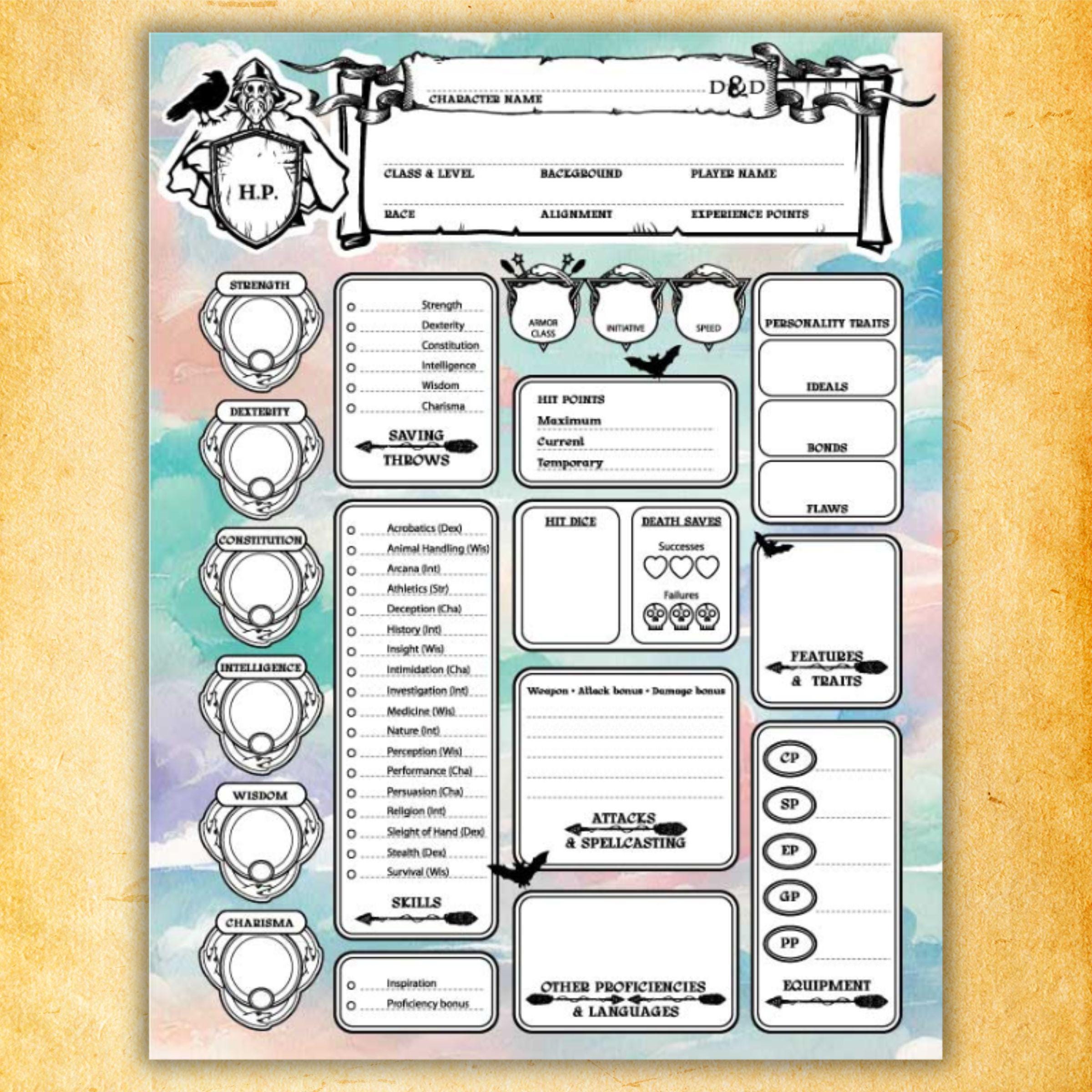 Dnd 5e Character Sheet | Printable PDF | Watercolor Theme - Etsy