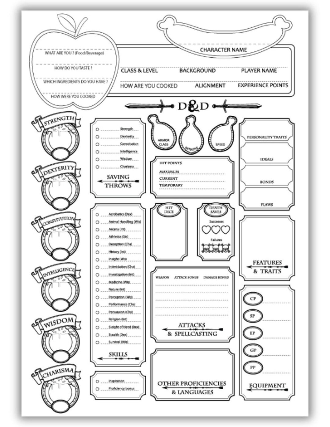 Fun DND Food Character Sheet, Printable PDF 5E, Featuring Sausage ...
