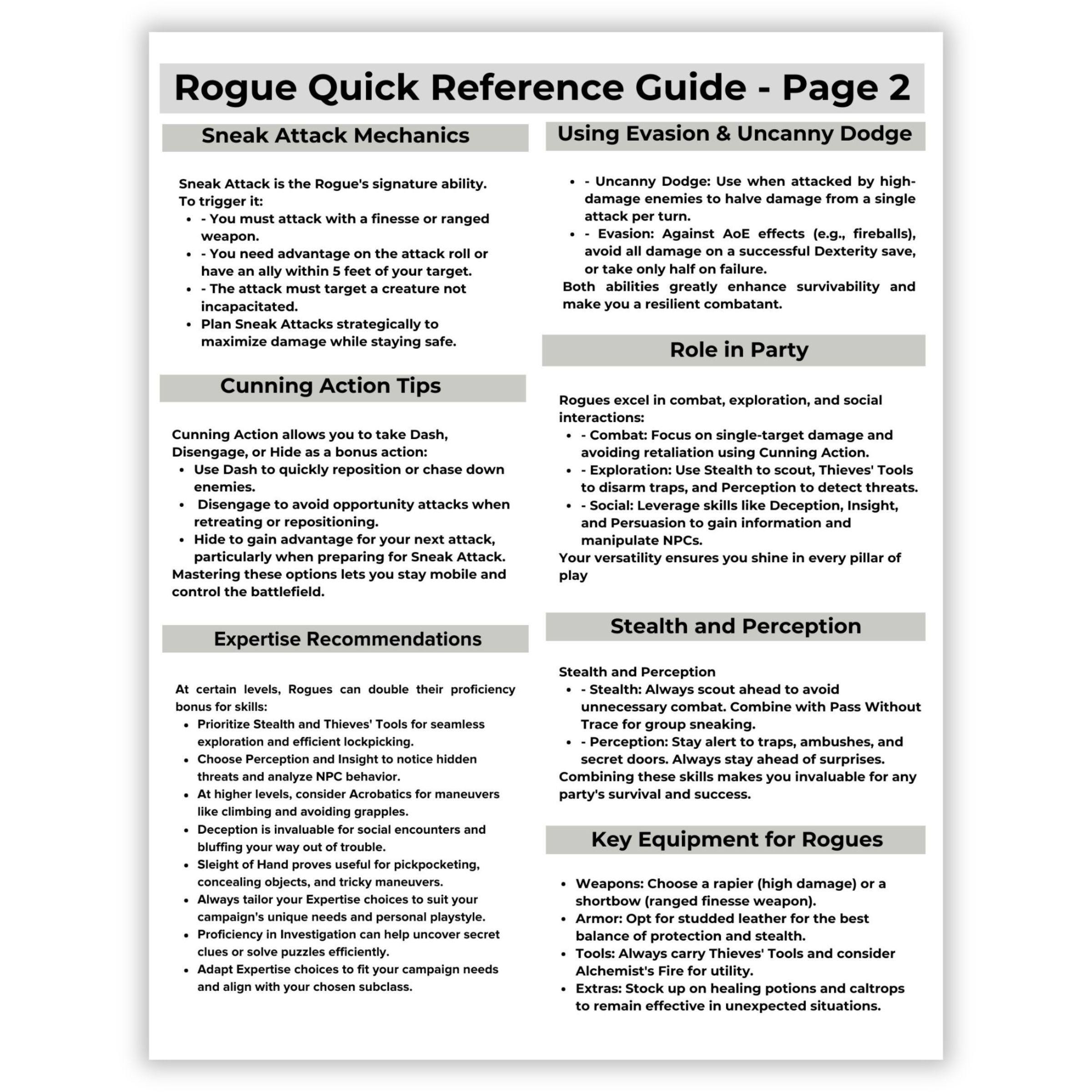 Rogue Cheat Sheet for Dnd 5e | Printable Player Guide PDF (letter & A4 ...