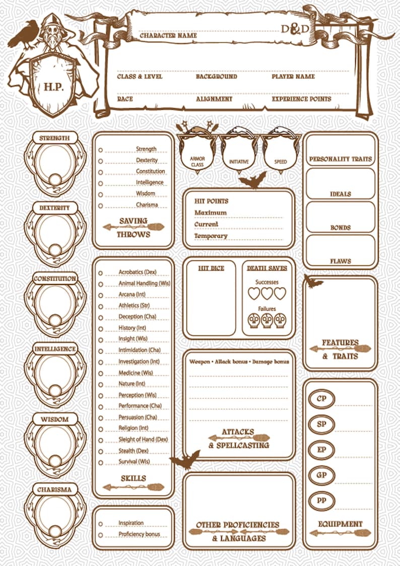 Dnd 5e Character Sheet PDF Printable Letter Size Dungeons and Dragons ...