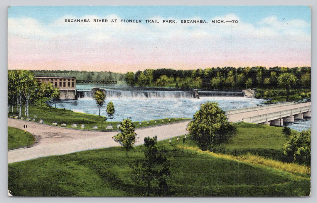 Antique Postcard, Escanaba River at Pioneer Trail Park, Escanaba ...