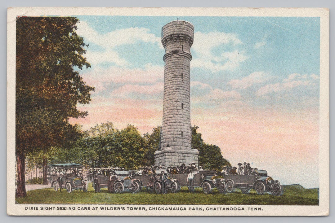 Antique Postcard, Dixie Sight Seeing Cars at Wilder's Tower ...