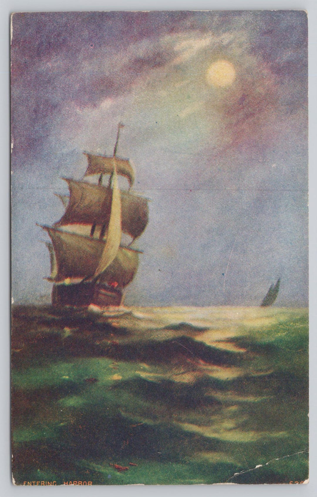 Antique Postcard, Sailing Ship at Sea, Dark Ocean, Moonlight, Tall Ship ...