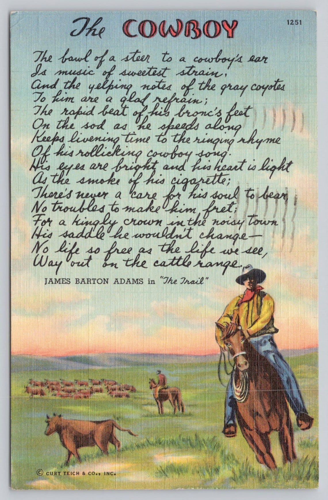 Antique Postcard, the Cowboy Poem by James Barton Adams, Posted 1951 - Etsy