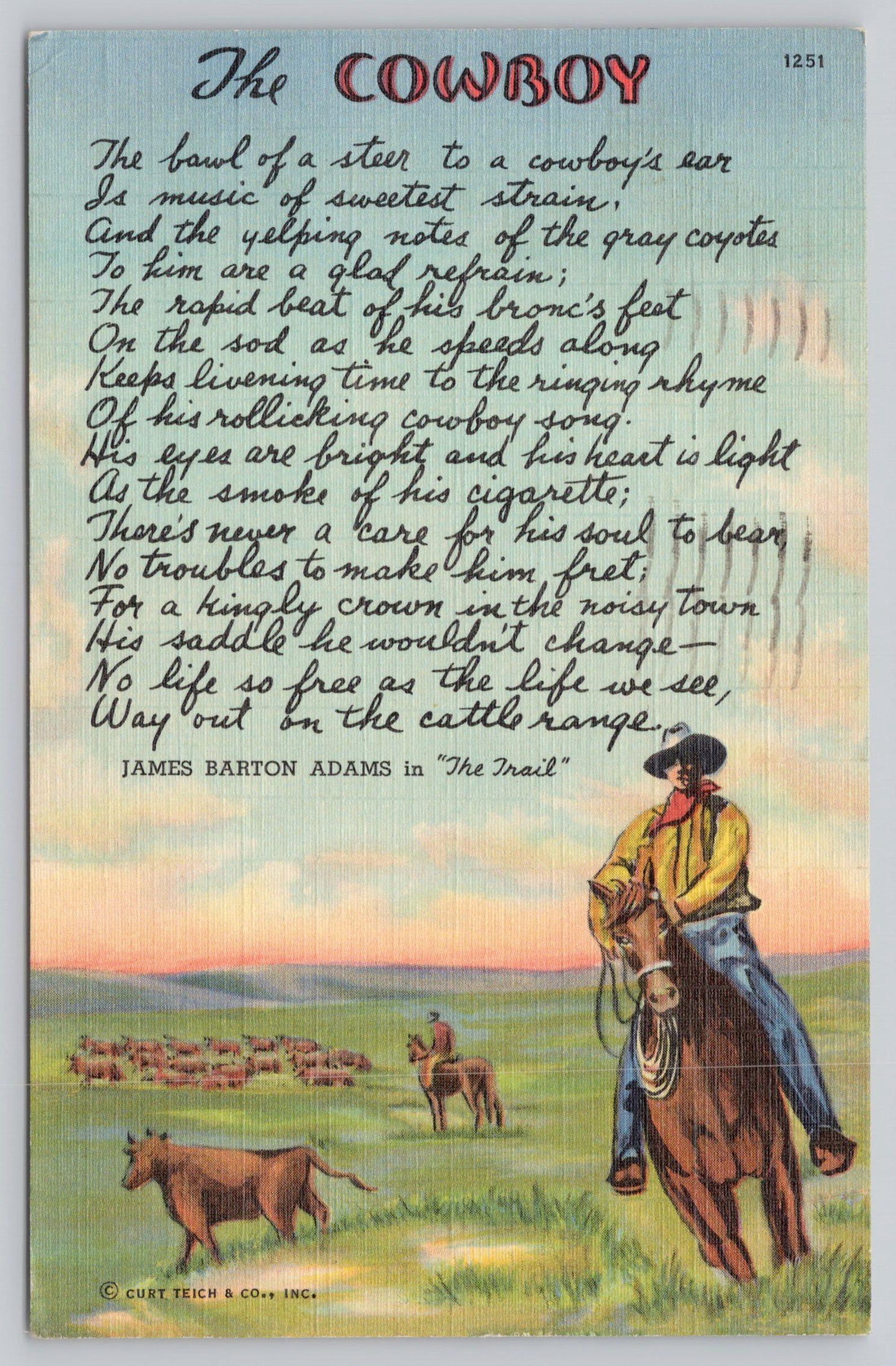 Antique Postcard, the Cowboy Poem by James Barton Adams, Posted 1951 - Etsy